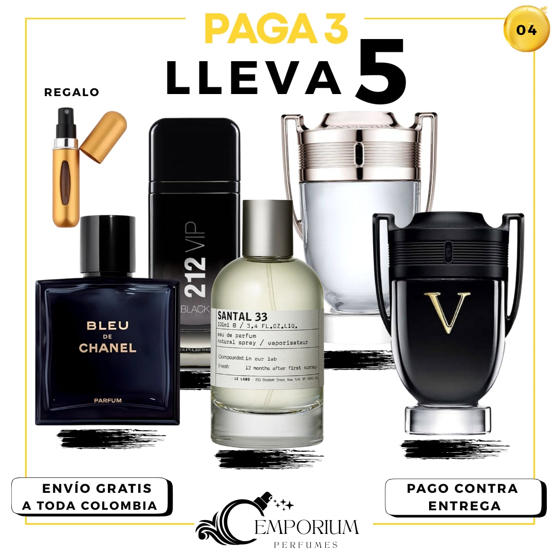 04 - 5 PERFUMES + 1 REGALO (Invictus Black + Invictus + santal33 + vip
